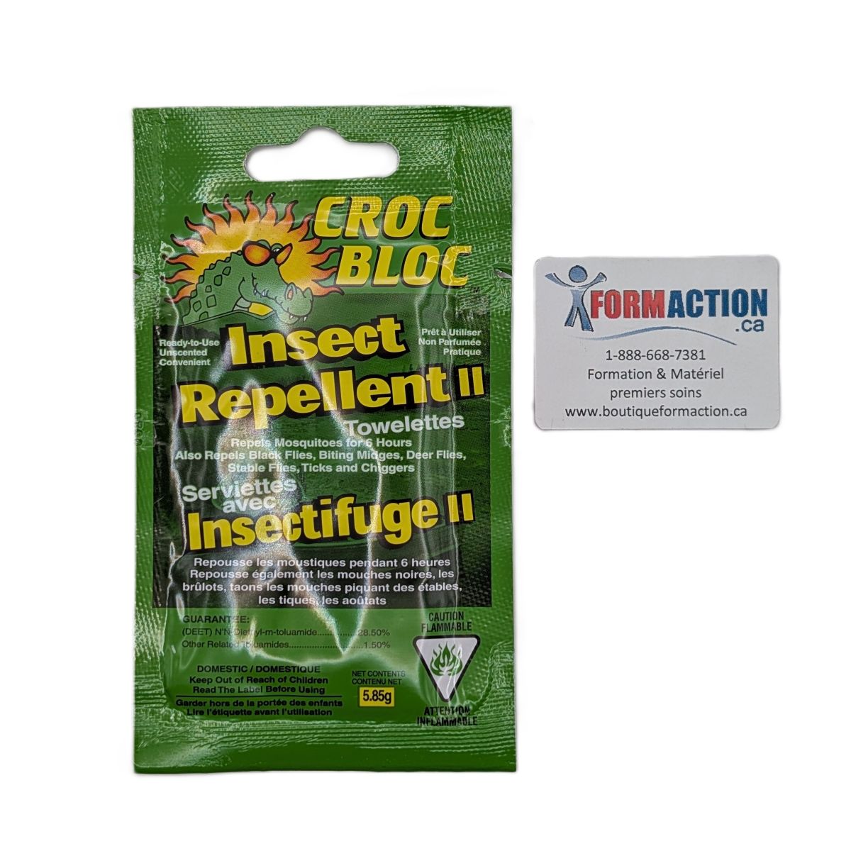 CROC BLOC, Lingettes antimoustiques, 28.5% DEET, 1 unité – Formaction
